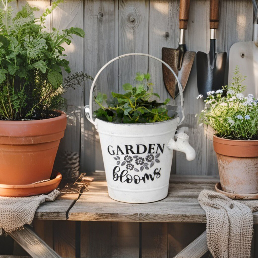 Willow & Silk White 27cm 'Garden Blooms' Pot/Planter Bucket w/ Tap ...
