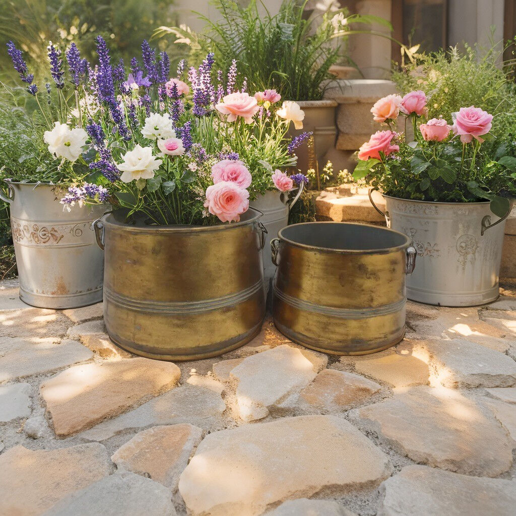 Willow & Silk Lustre Vintage Garden Flower Metal Pots Set of 2