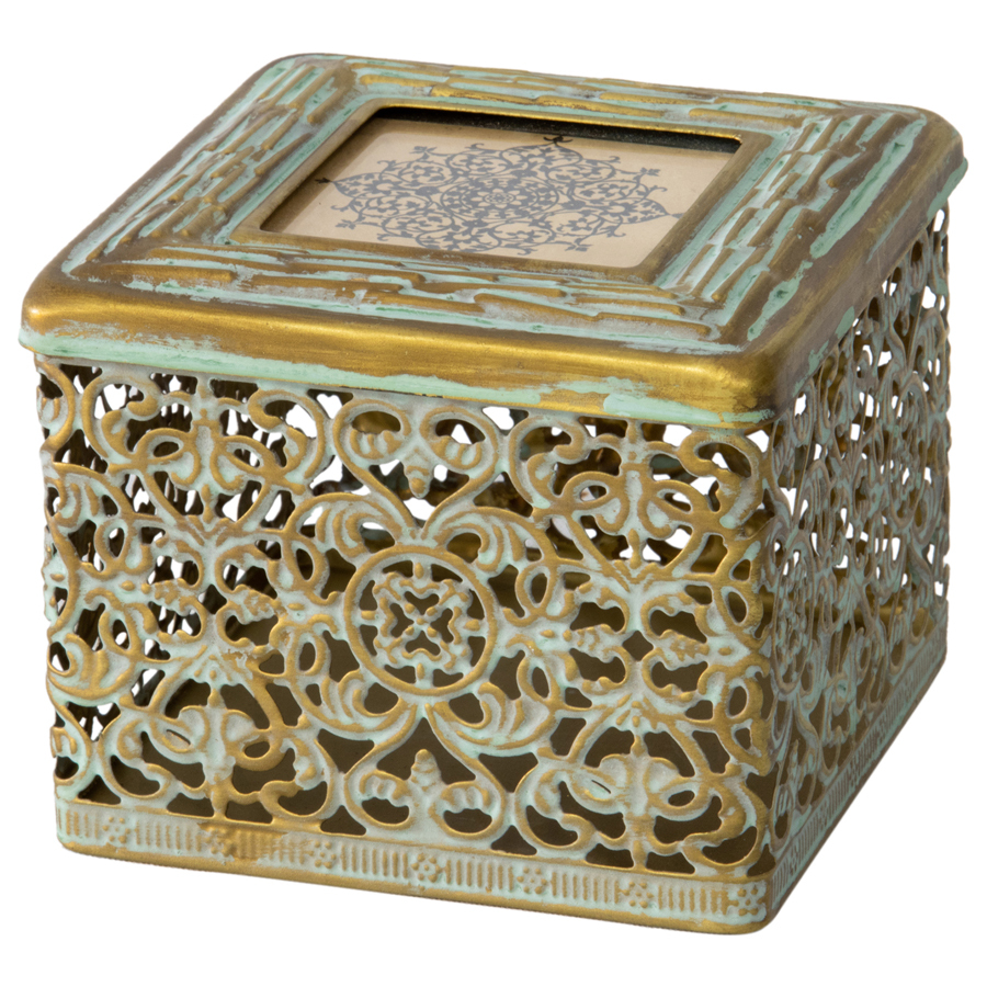 Willow & Silk Golden Metal 11cm Ornate Square Trinket Box w/ Photo Lid ...