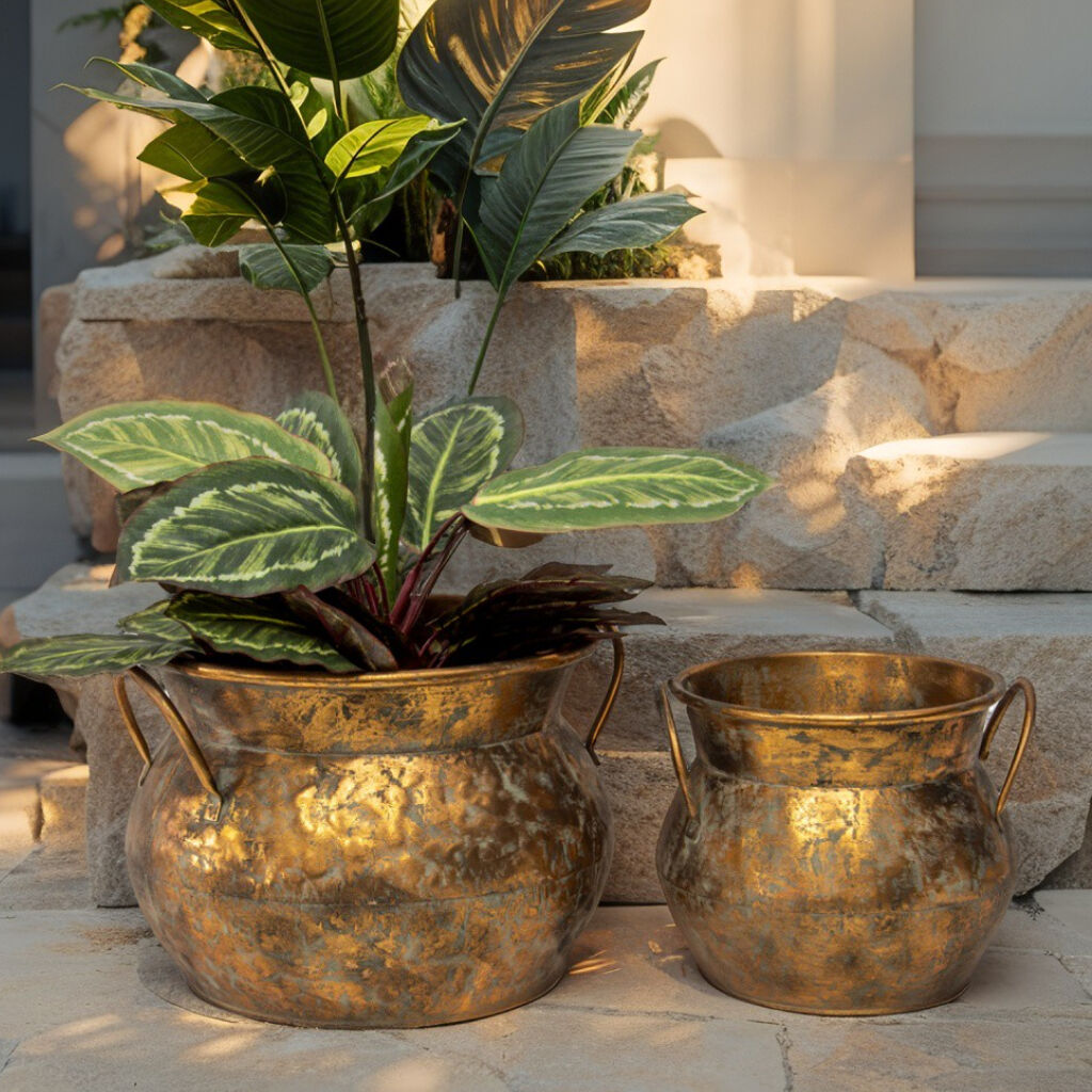 Willow & Silk Nested Metal 37cm/25cm Set of 2 Golden Antique Pot ...