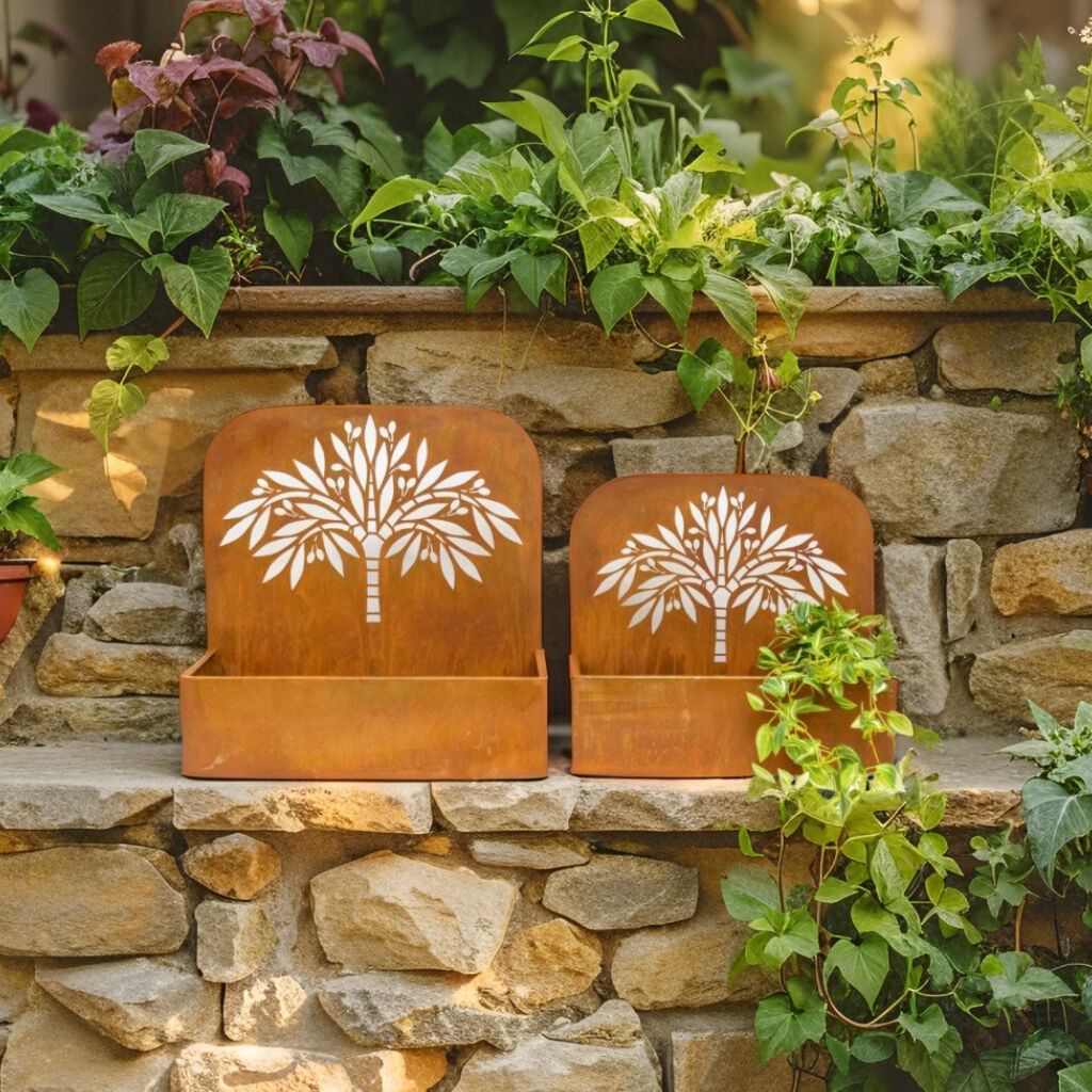 Willow & Silk Set/2 Nested Rust 'Tree' Wall/Floor Planters 50x21x50cm
