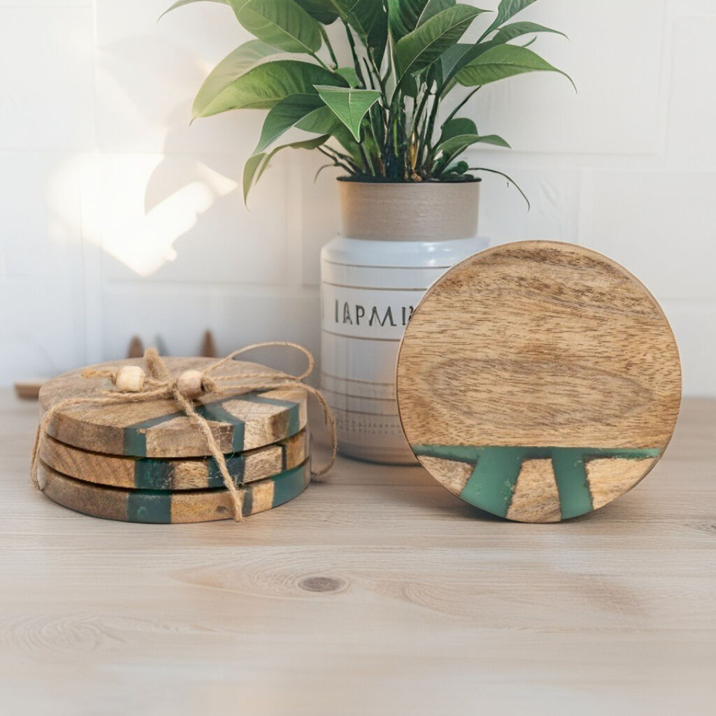 Willow & Silk Handmade 10cm Mangowood Coastal Finish 4pc Coaster Set w/ Tie