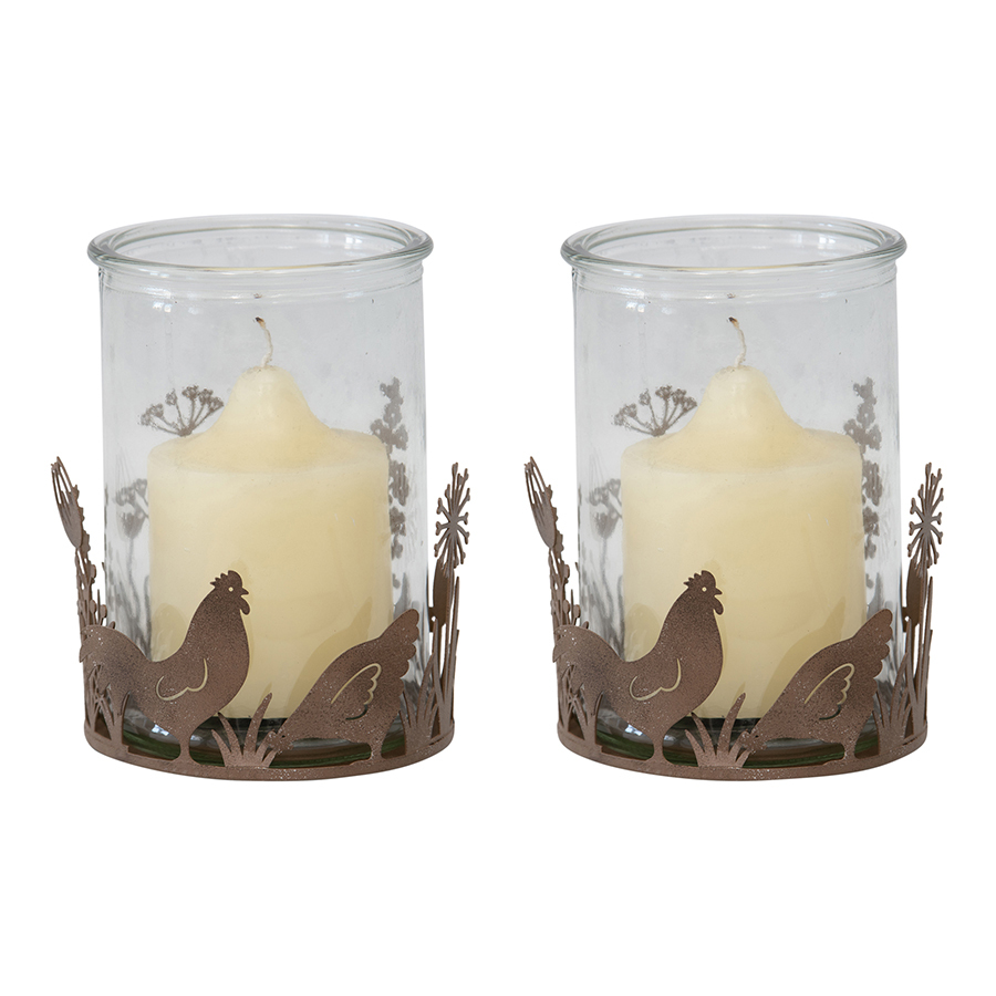 Willow & Silk Set of 2 Metal Glass 10.5cm Rustic Chook Candle Holders ...