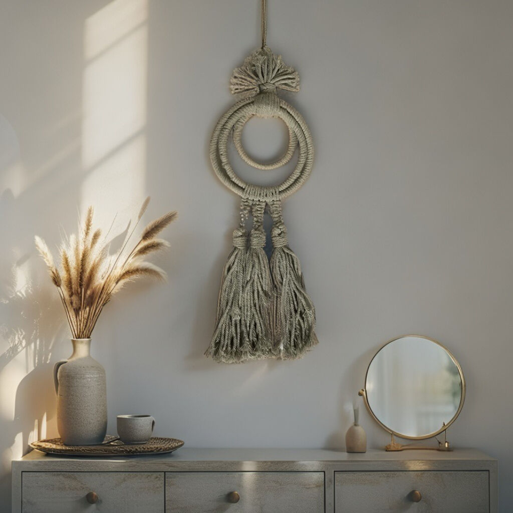 Willow & Silk 43cm Hanging 3 Ring Cotton Taupe Tassel Room Decor ...