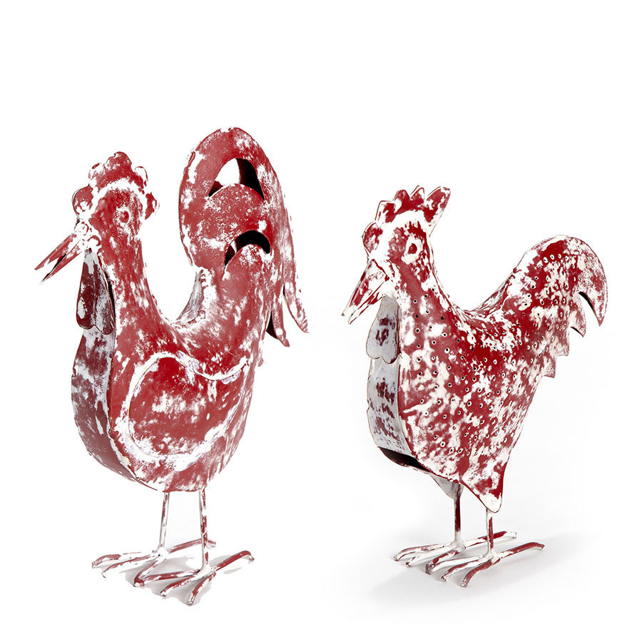 Willow & Silk Metal 33cm/29cm Set of 2 Red Garden Rooster & Chook - Willow & Silk