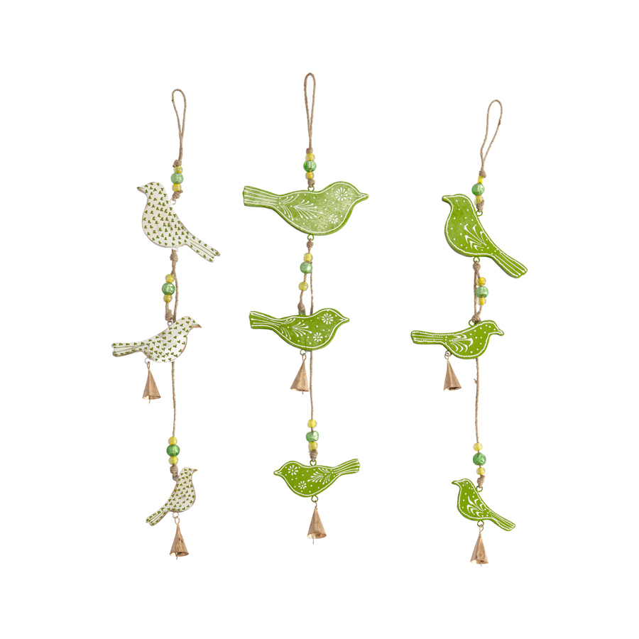 Willow & Silk Hanging 65cm Set of 3 Wooden/Metal Bird Trio Bells ...