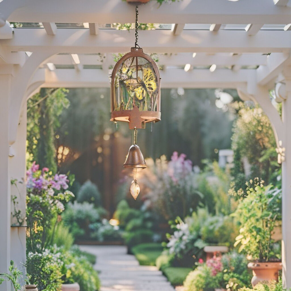 Willow & Silk Hanging 70cm Metal Arch Butterfly & Leaves w/ Bell Chime ...