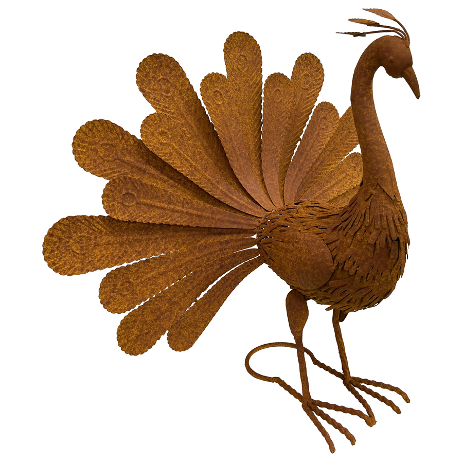 Willow & Silk Rust Metal 62cm Proud Standing Peacock Garden Statue ...
