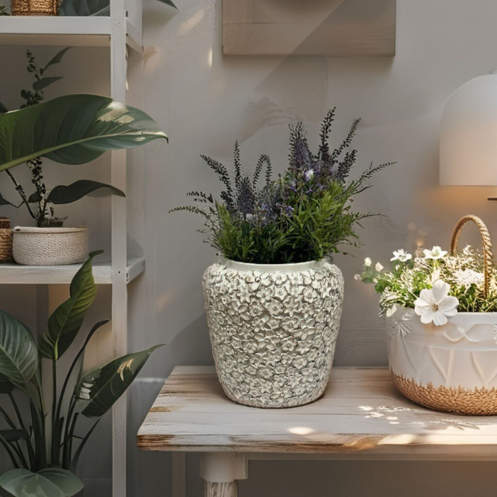 Willow & Silk White Flower Embossed Planter w/Hole+Plug 25x25x24cm