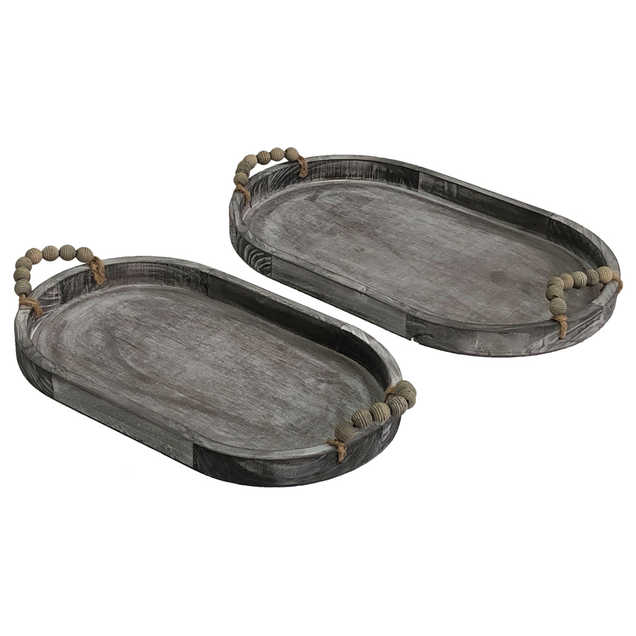 Willow & Silk Wooden 46/41cm Set of 2 Oval Serving Trays w/ Beaded ...